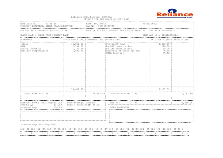 Reliance SMSL July 2023 Payslip | PDF | Economies | Employment Compensation