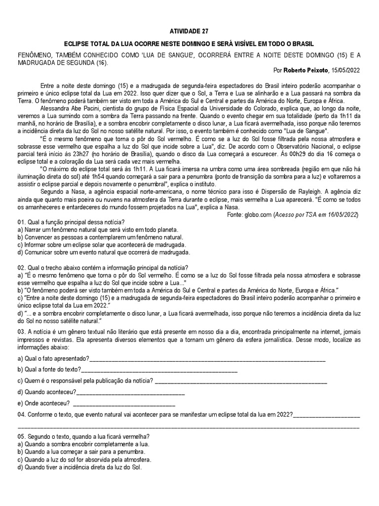 ATIVIDADE 27 - Eclipse Total Da Lua - Alunos | PDF | Eclipse | Lua