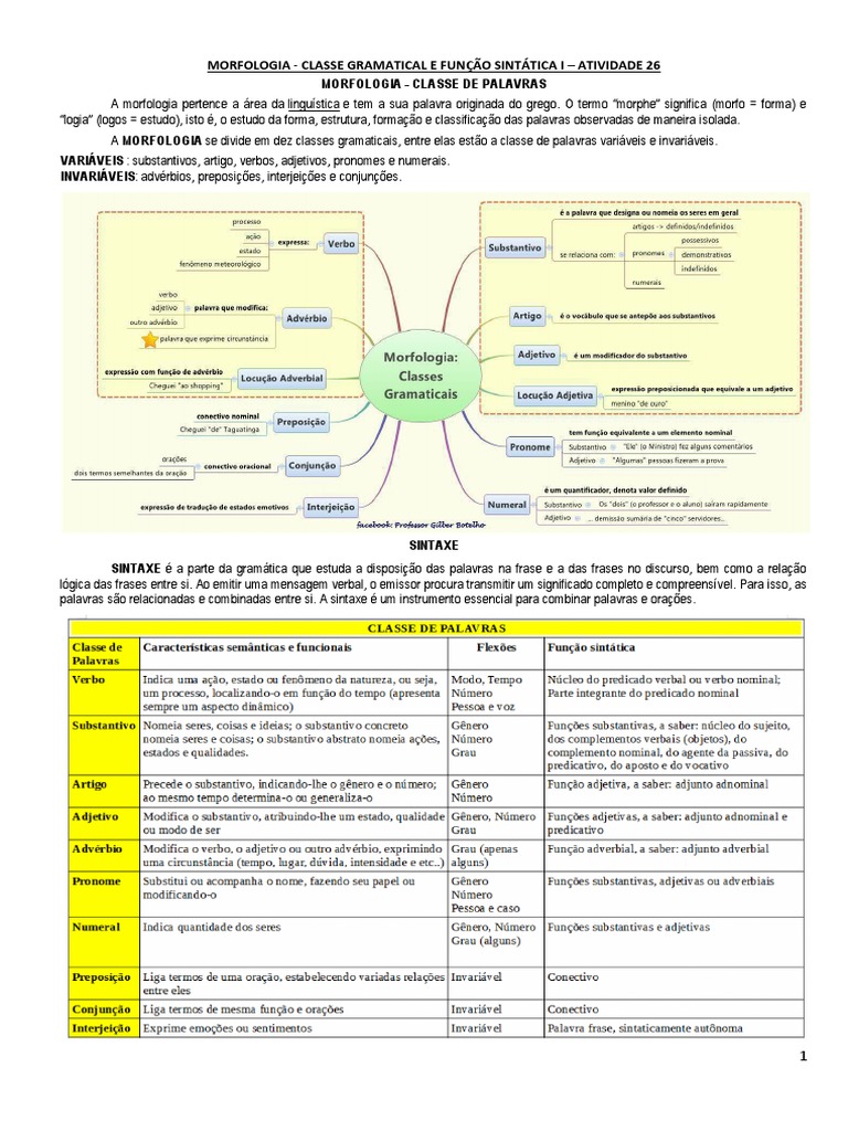 Atividade 26 - Classe Gramatical e Função Sintática-Aluno | PDF ...