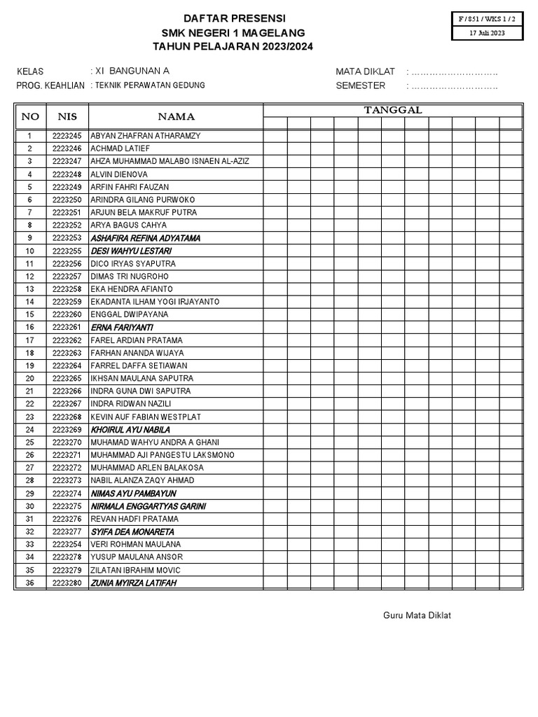 Edit Xi Ec Baru Presensi Xi 2324 | PDF