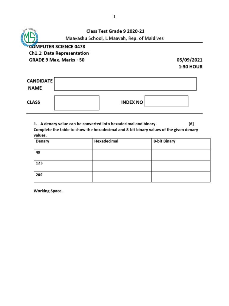 Computer - Grade 9 - ClassTest | PDF | Decimal | Elementary Mathematics