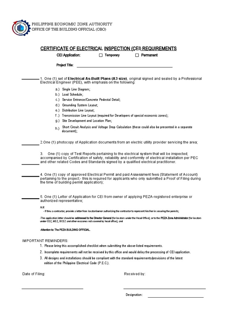 Susd 2022-028 Certificate of Electrical Inspection Cei Requirements ...