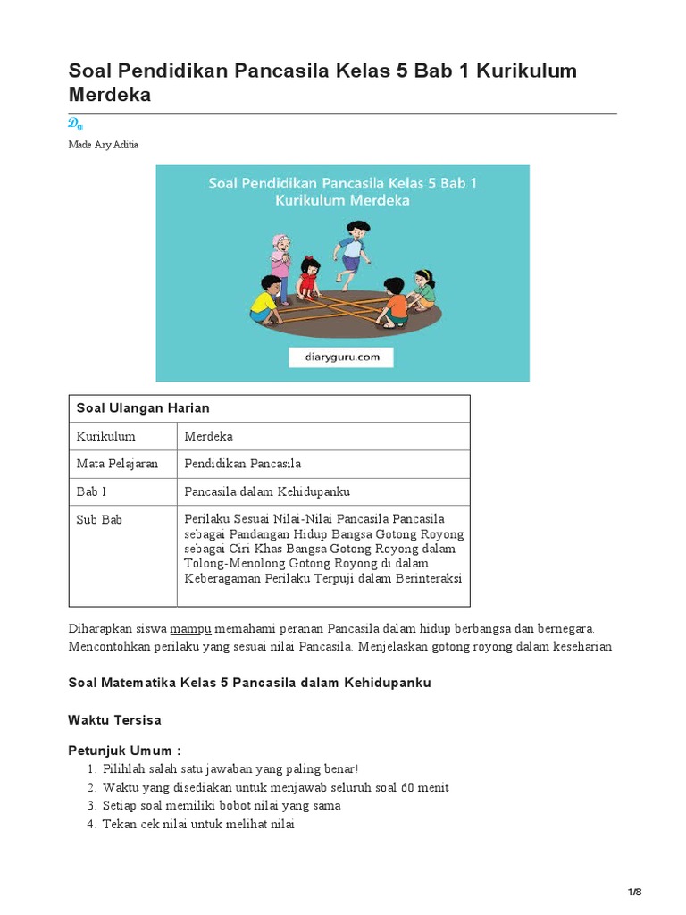 Soal Pendidikan Pancasila Kelas 5 Bab 1 Kurikulum Merdeka | PDF