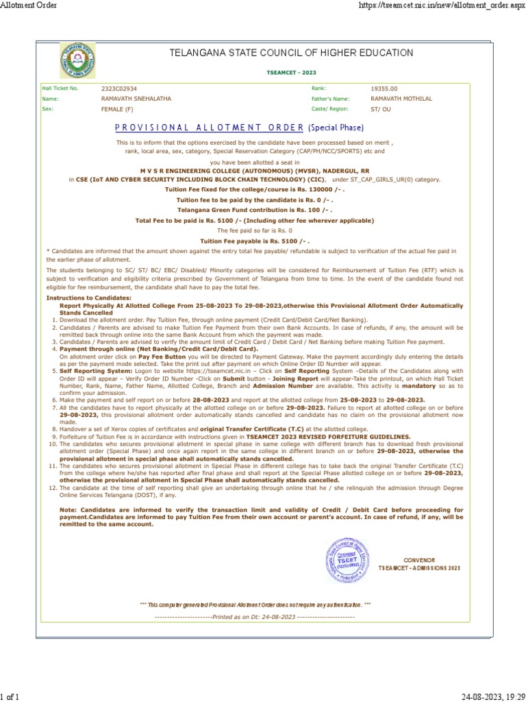 Snehalatha Eamcet Allotment | PDF | Payments | Credit Card