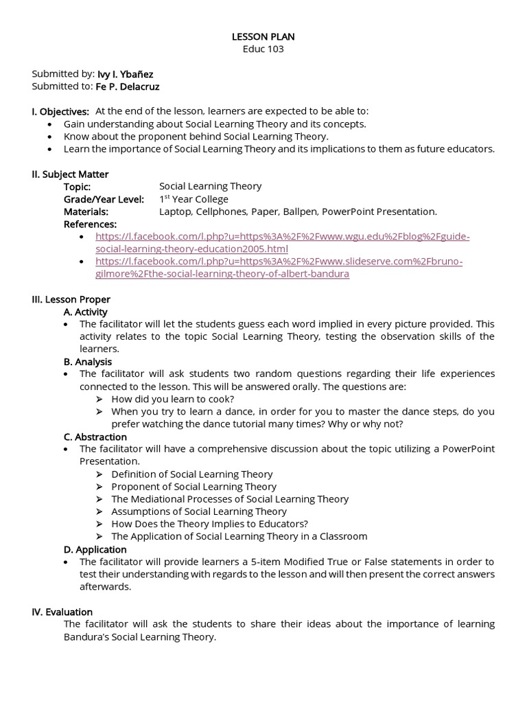 Lesson Plan (Bandura's Social Learning Theory) | PDF | Learning Theory ...