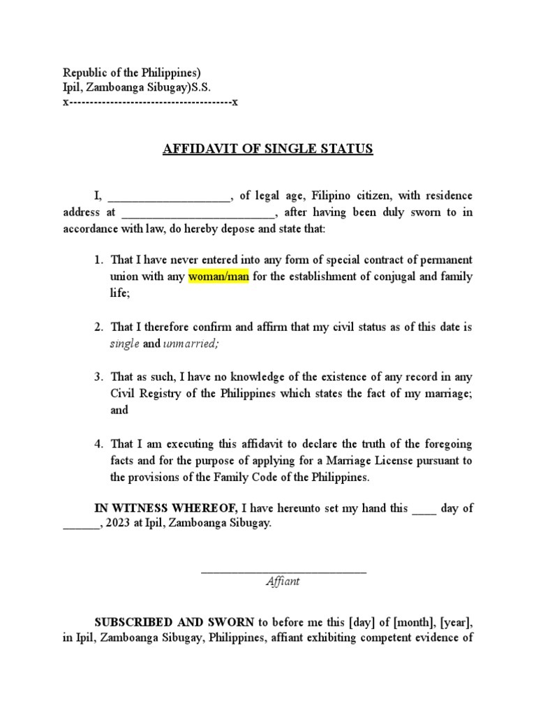 Affidavit of Single Status Philippines | PDF