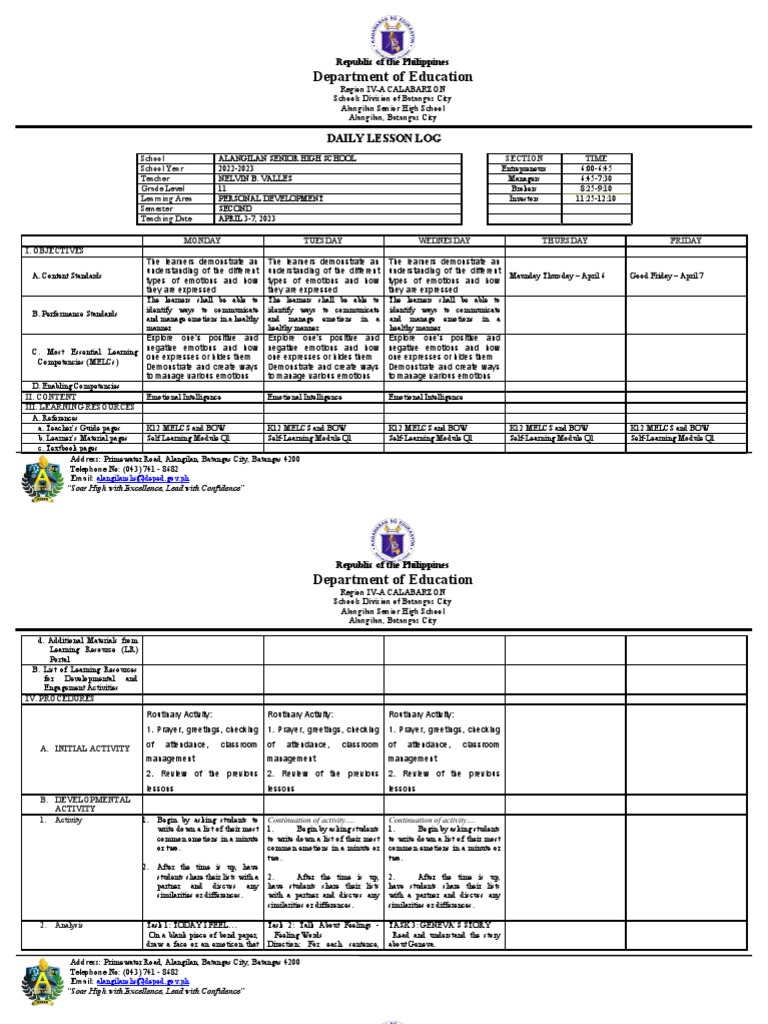 DLL - Perdev - April 3-7, 2023 | PDF | Learning | Emotions