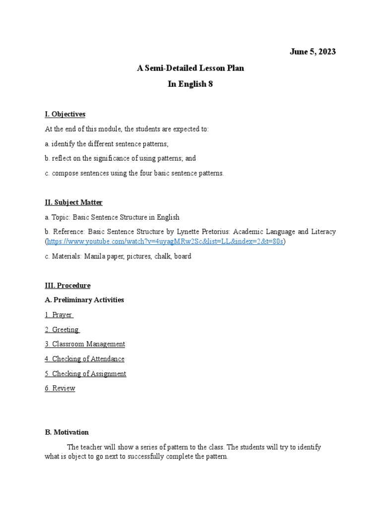 Basic Sentence Structure Lesson Plan | PDF | Subject (Grammar) | Adjective