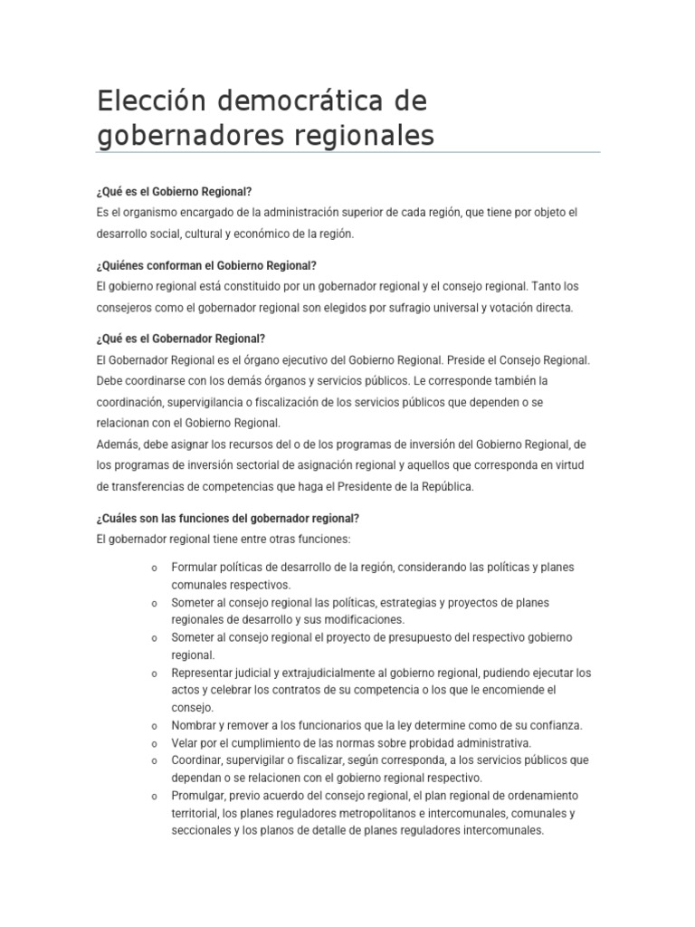 Elección Democrática De Gobernadores Regionales Pdf Gobierno