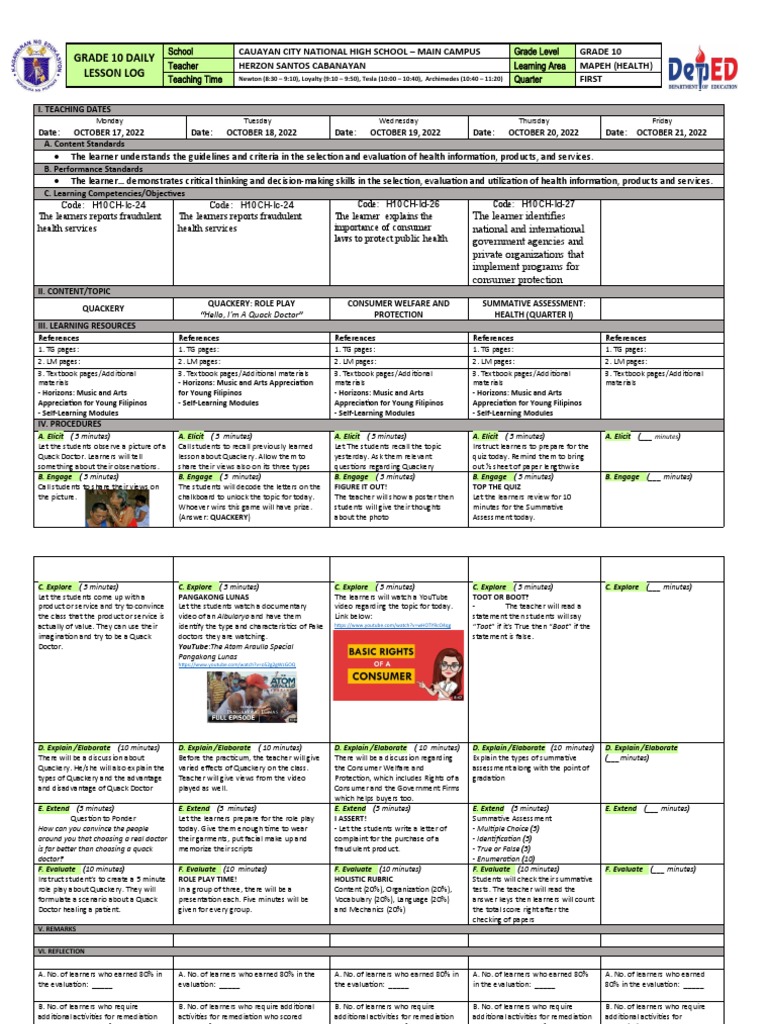 Grade 10 Health Lesson Plan | PDF | Learning | Cognition