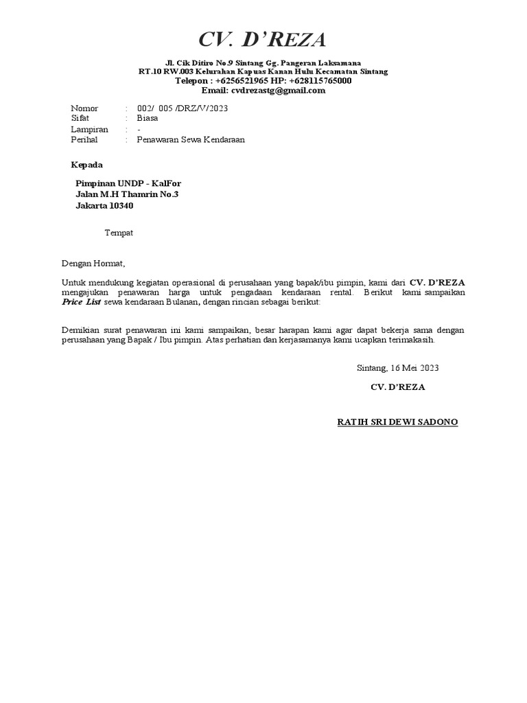 001 Surat Penawaran Rental Mobil - Pt. Unggul Persada | PDF