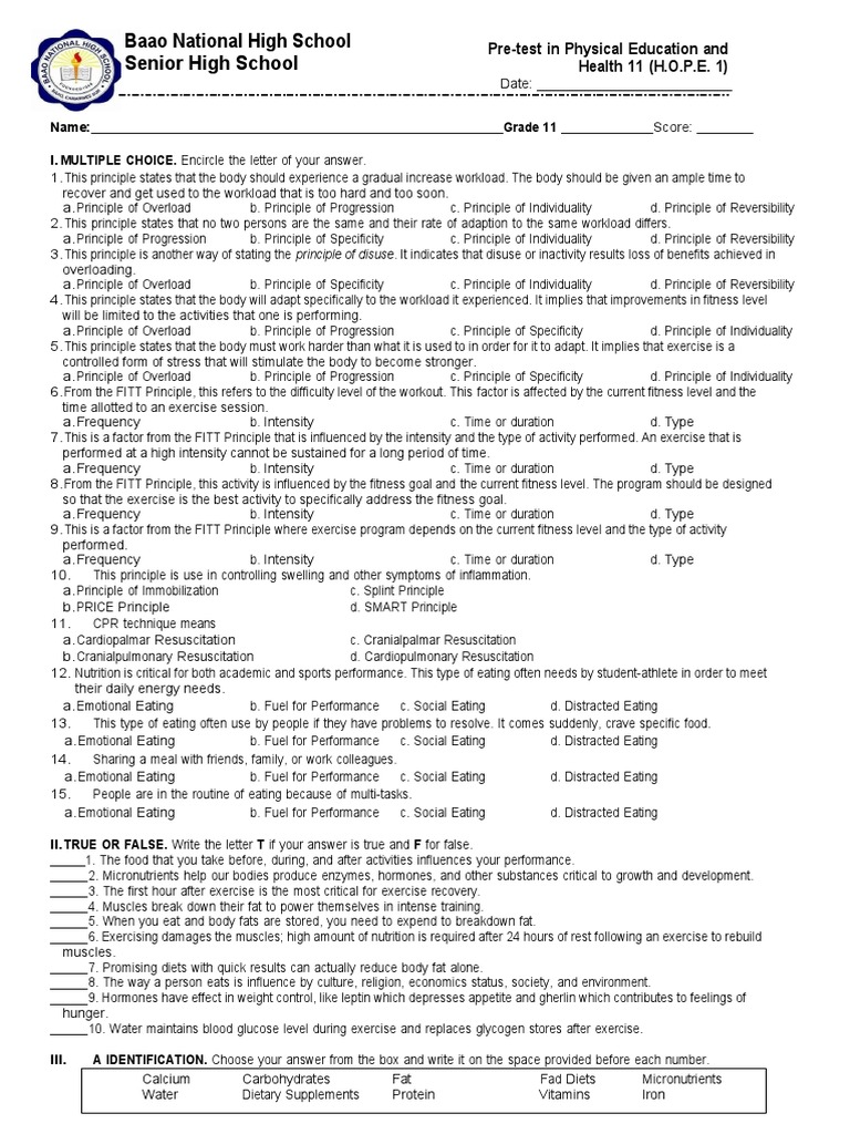 Pe1 Final Exam | PDF | Fat | Vitamin