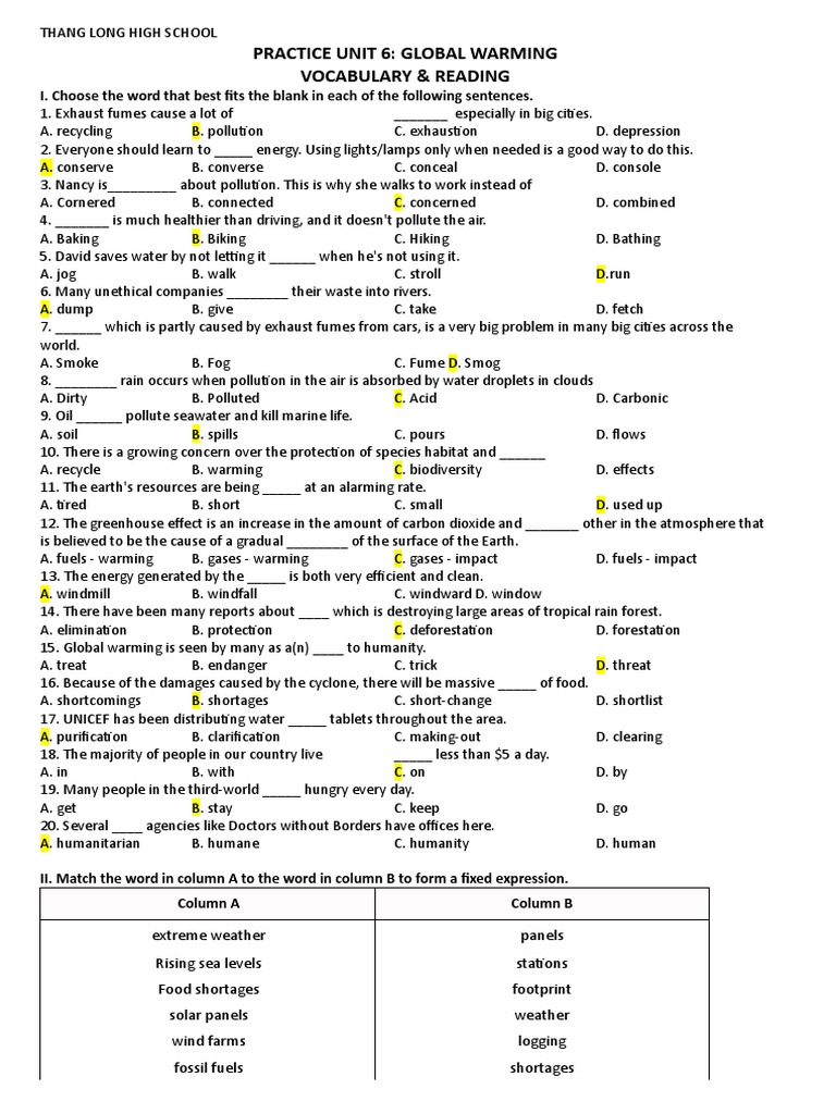 Global Warming Vocabulary Practice | PDF | Climate Change | Ice Age