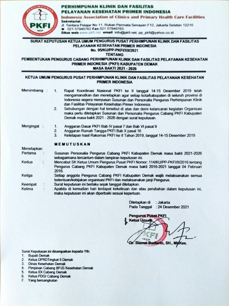 SK. No. 95 Tentang Pembentukan Pengurus Cabang PKFI Kabupaten Demak ...