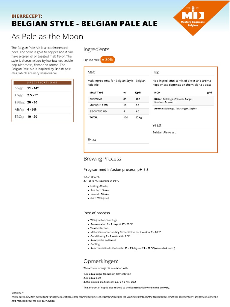 Belgian Pale Ale Recipe - Dingemans Malt | PDF