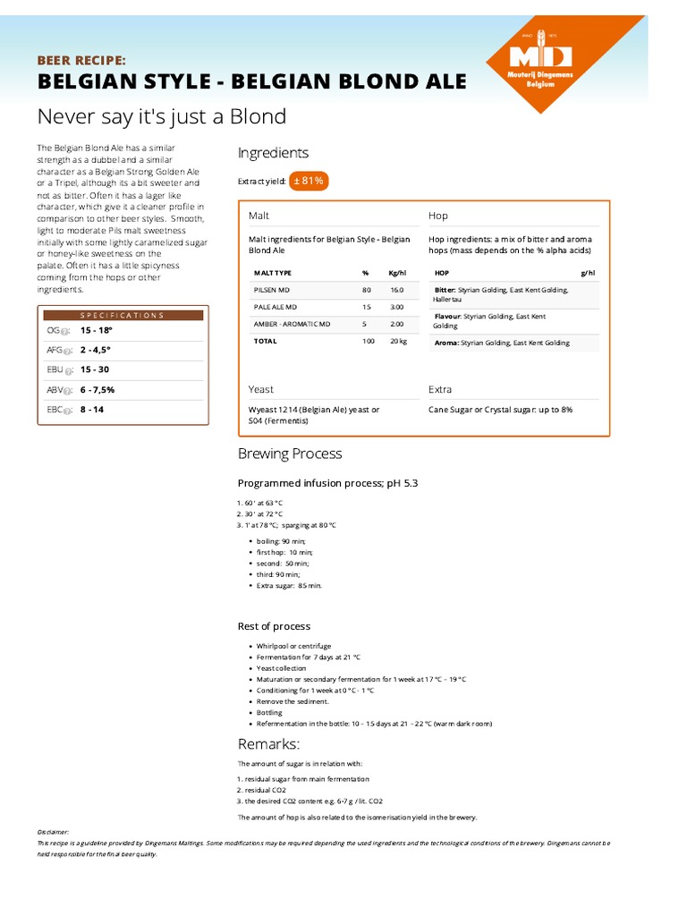 Belgian Blond Ale Recipe - Dingemans Malt | PDF | Brewing | Beer