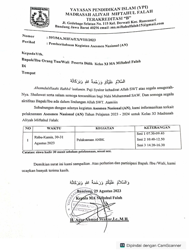 Surat Pemberitahuan ANBK | PDF