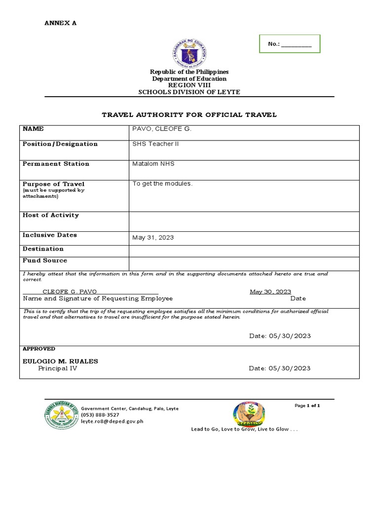 2022 Travel Order Template | PDF