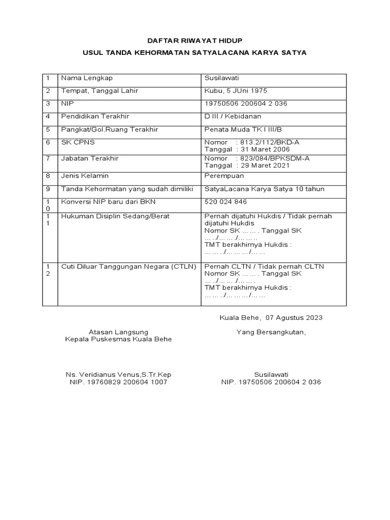 CONTOH FORMAT DAFTAR RIWAYAT HIDUP (DRH) - Copy | PDF