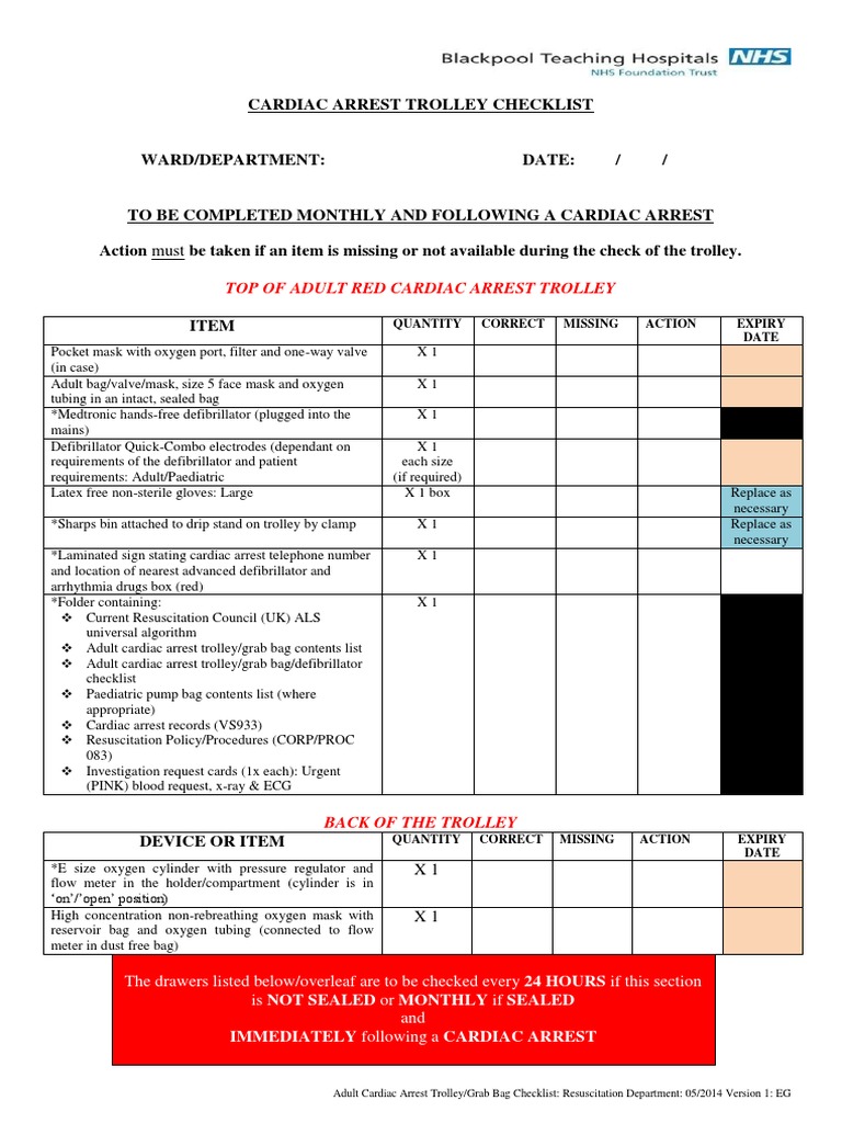 Adult Cardiac Arrest Trolley Contents and Checklist | PDF