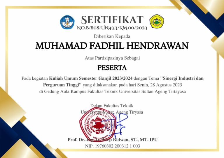 MUHAMAD FADHIL HENDRAWAN - Sertifikat Kuliah Umum Semester Ganjil 2023 ... MUHAMAD FADHIL HENDRAWAN - Sertifikat Kuliah Umum Semester Ganjil 2023 ...
