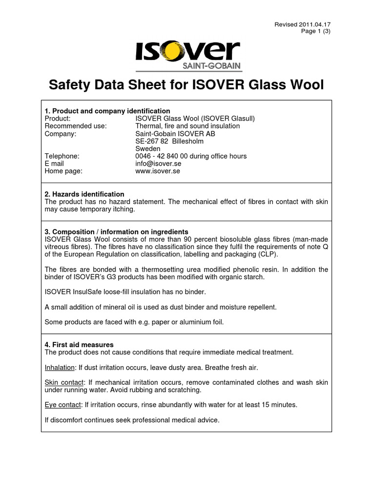 Safety Data Sheet Glass Wool | PDF | Waste | Glasses