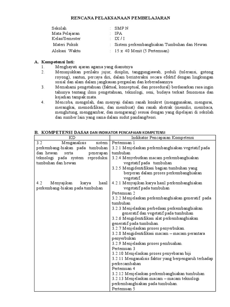 RPP IPA Kelas IX: Perkembangbiakan Tumbuhan dan Hewan | PDF