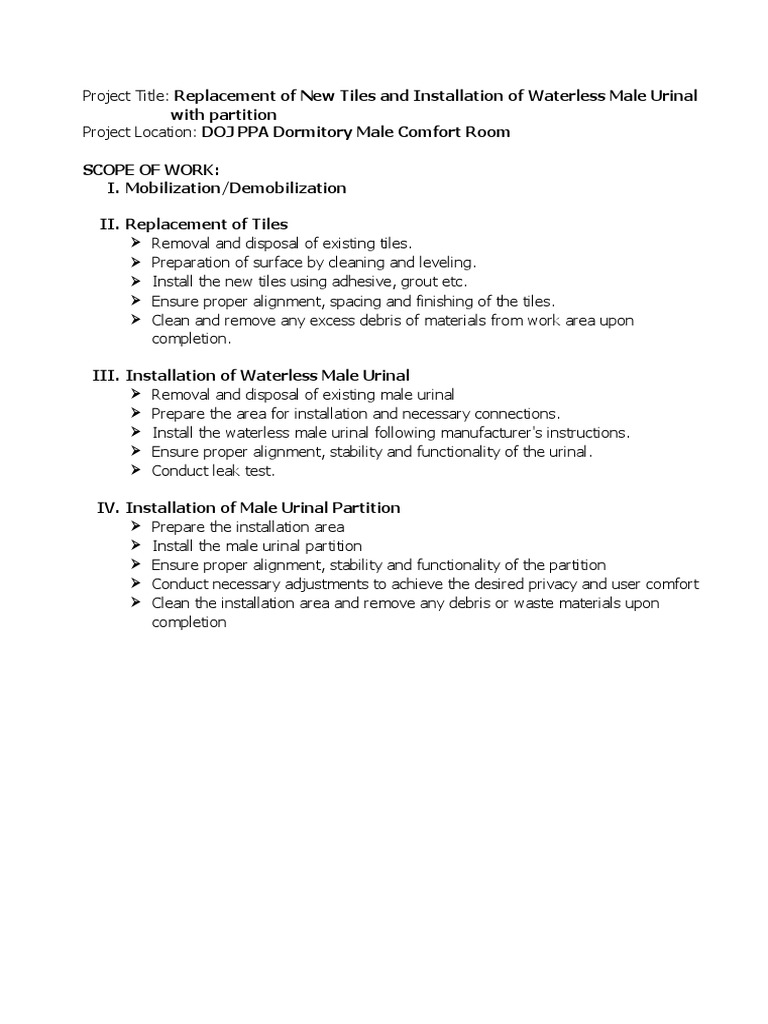 SCOPE OF WORK Replacement of Waterless Urinal | PDF | Science ...