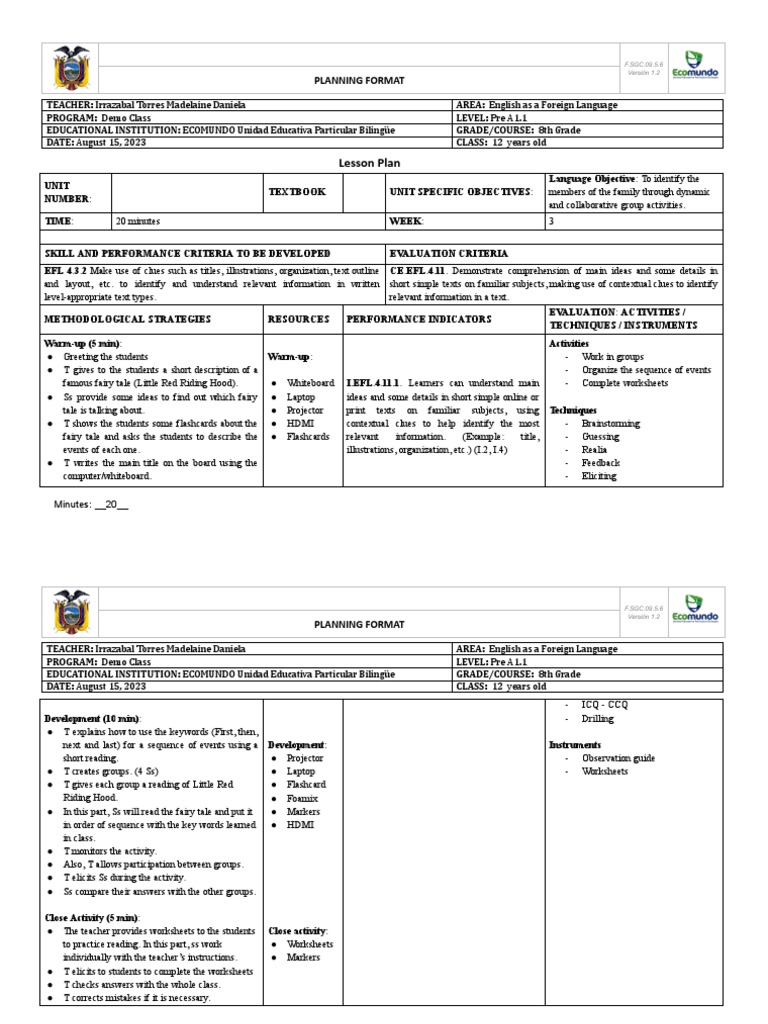 Lesson Plan | PDF | English As A Second Or Foreign Language | Lesson Plan