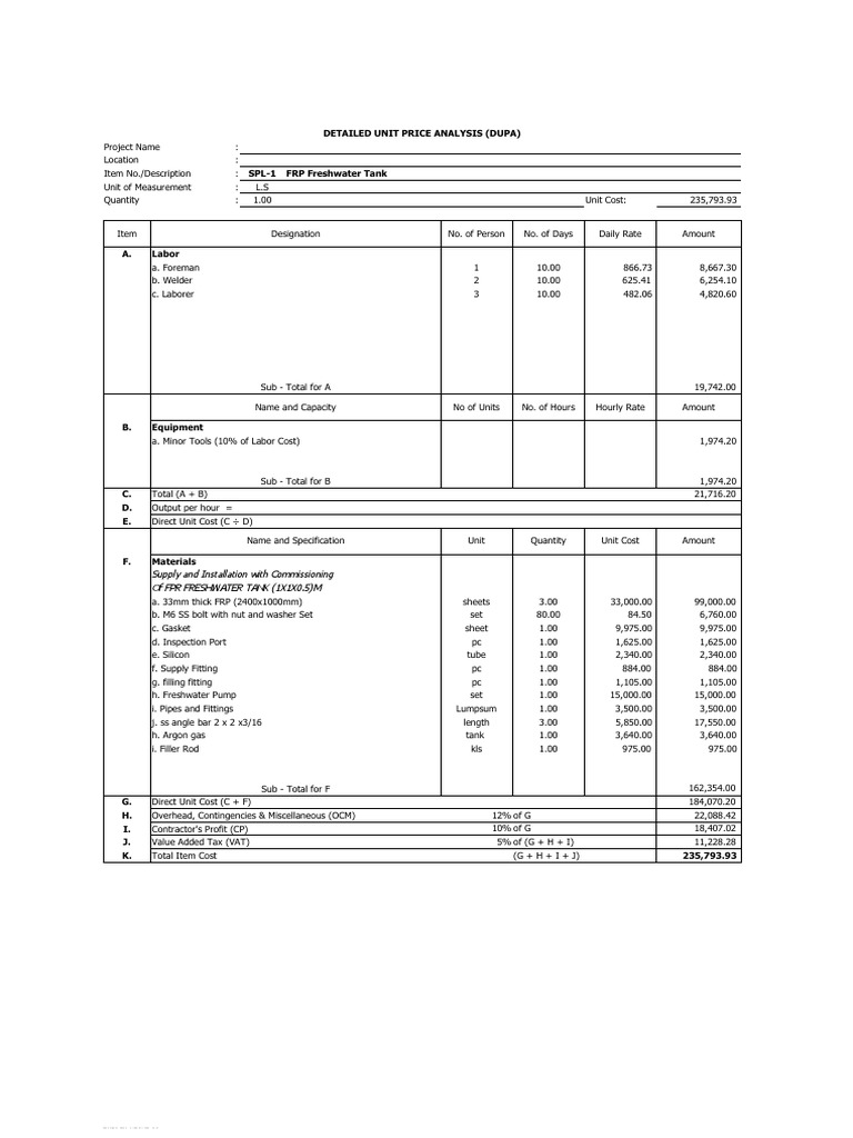 FRP Tank Estimate | Download Free PDF | Welding | Construction