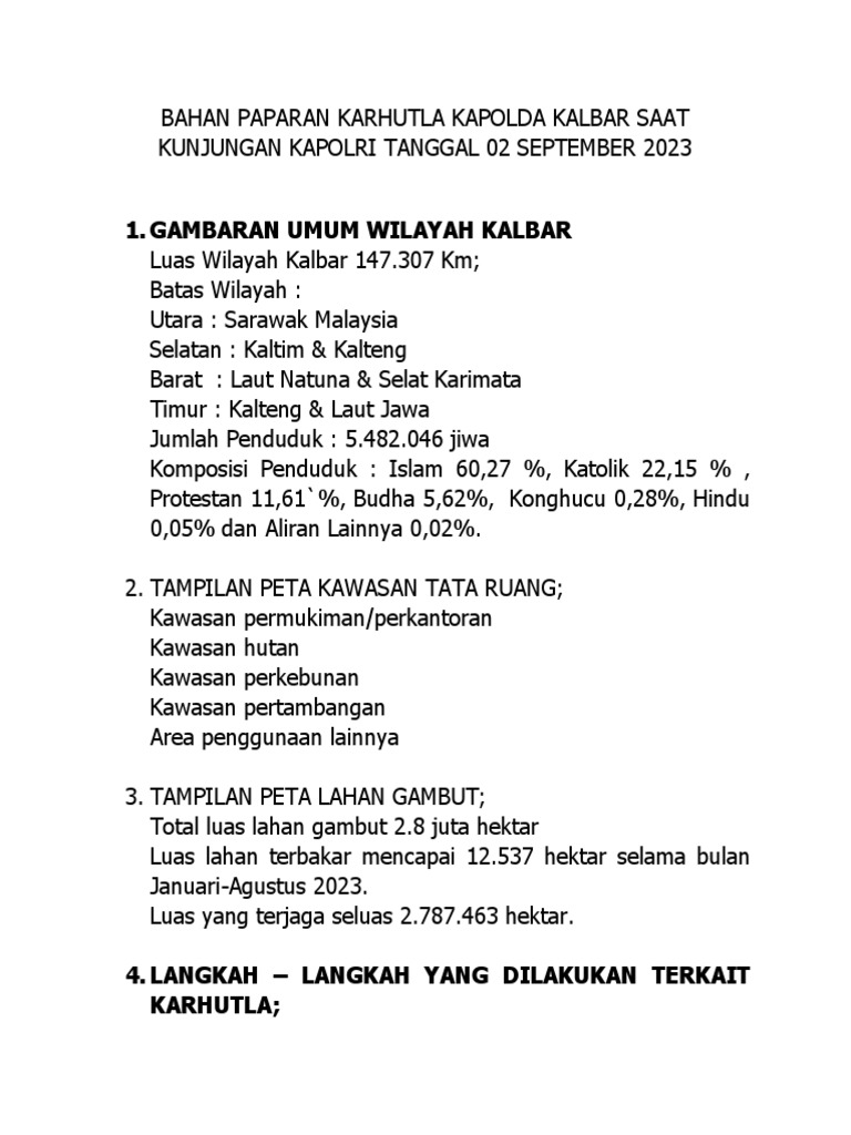 Bahan Paparan Karhutla Kapolda Kepada Kapolri 2023 | PDF