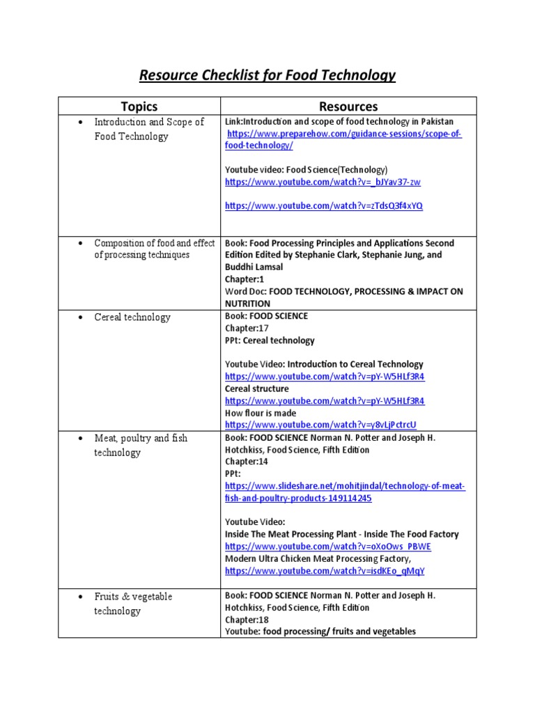 Resource Checklistfor Food Technology | PDF | Foods | Food Science