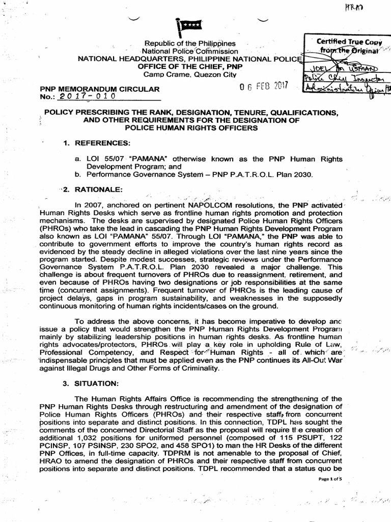 PNP MC 2017-010 Policy Prescribing The Rank, Designation, Tenure ...