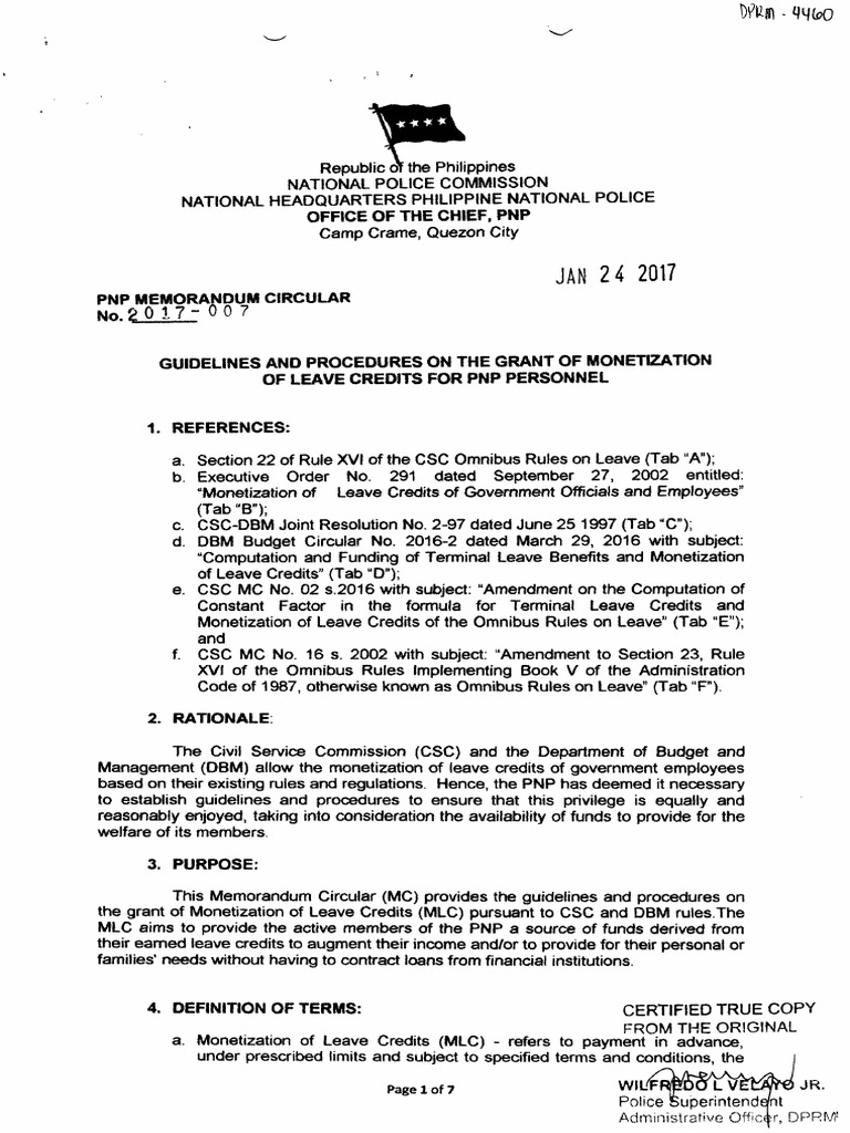 PNP MC 2017-007 Guidelines and Procedures On The Grant of Monetization of Leave Credits For PNP ...