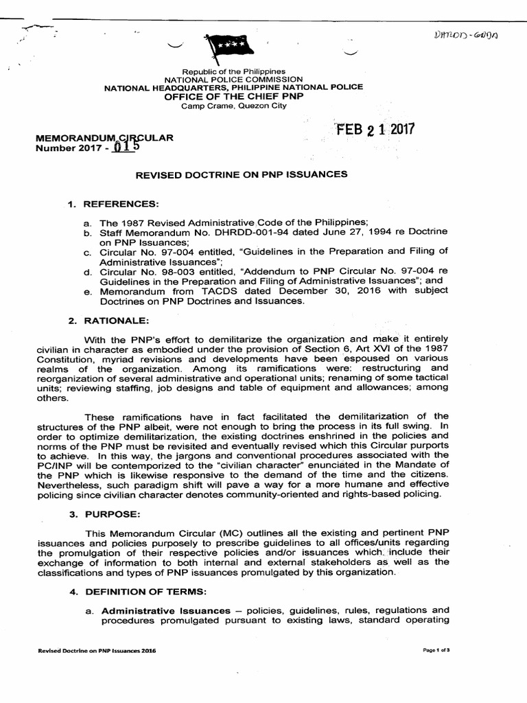 Pnp Mc 2017 015 Revised Doctrine On Pnp Issuances Pdf