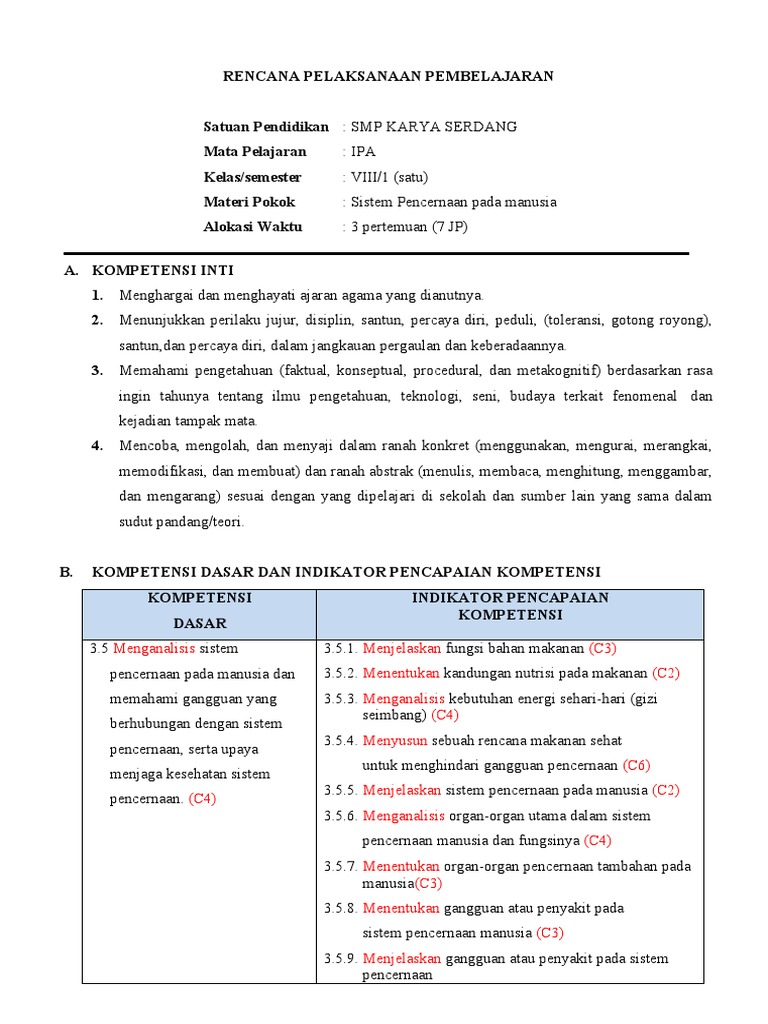 RPP Kls 8 SEM 1 No 4 Sistem Pencernaan Manusia | PDF