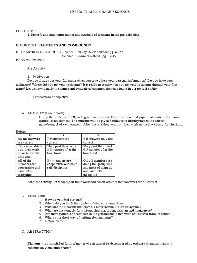 Grade 7 Science: Periodic Table Lesson | PDF | Chemical Elements | Periodic Table