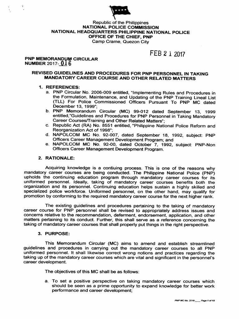 PNP MC 2017-016 Revised Guidelines and Procedures For PNP Personnel in ...