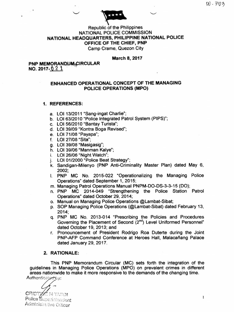 PNP MC 2017-021 Enhanced Operational Concept of The Managing Police ...