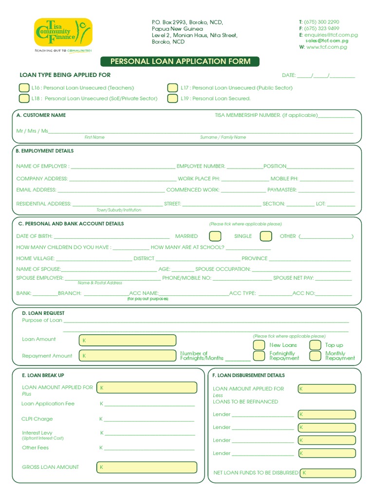 TCF Personal Unsecured Secured Loan Application Form | PDF | Loans ...