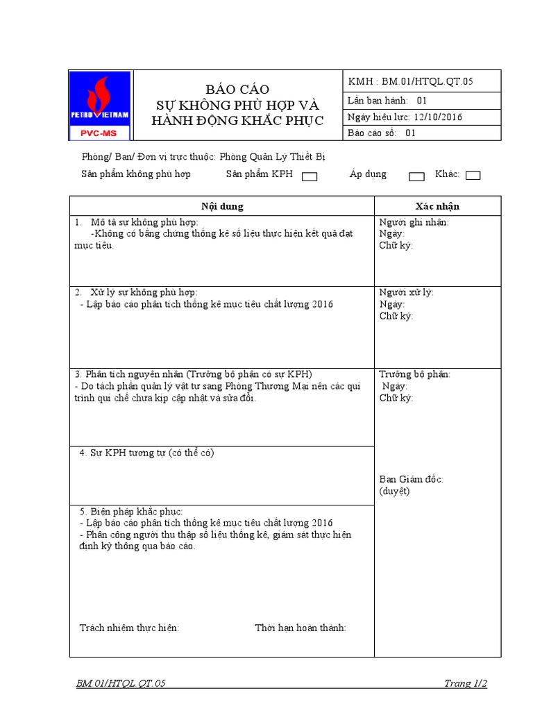 BM.01HTQL - QT.06 Kiem Saot Su KPH Va Hanh Dong Khac Phuc-01 | PDF