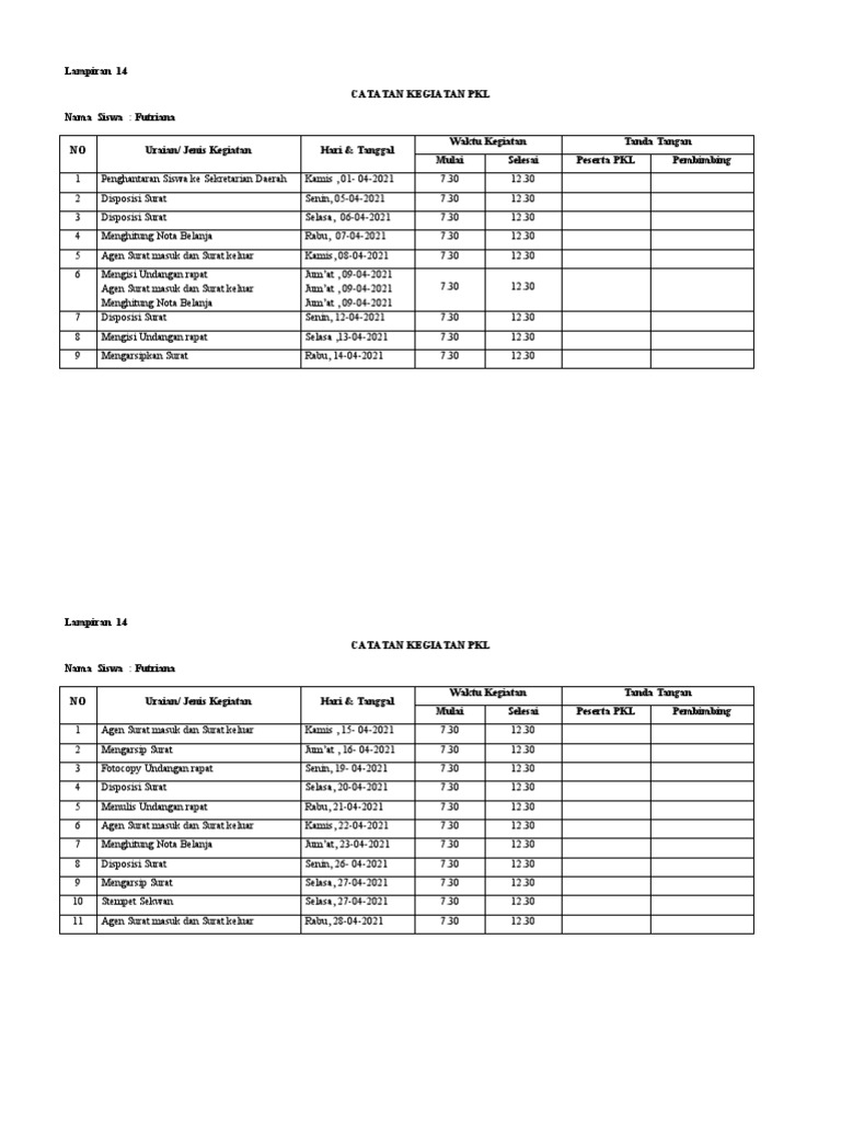 Catatan Kegiatan PKL | PDF