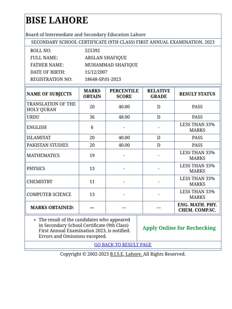 Bise Lahore Examination Result Status Sheet | PDF | Educational Stages