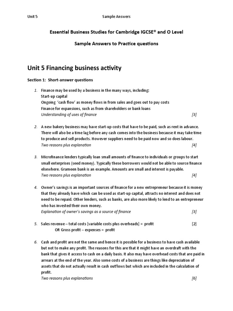 IGCSE Business Studies Essential Book Answers For Unit 5 | PDF | Loans ...