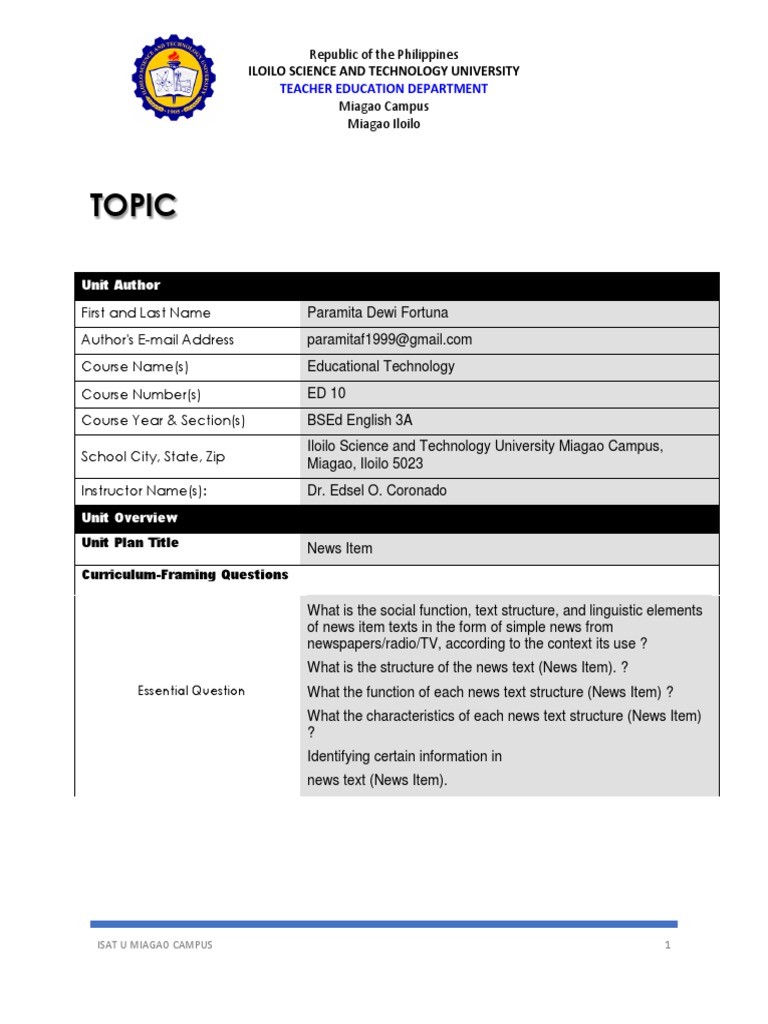 Paramita Dewi Fortuna - Unit Plan For Teaching Demo-Ilo Ilo University, Philippines | PDF ...