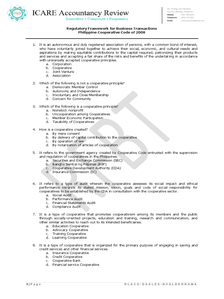 RFBT 06 02 Philippine Cooperative Code MCQs For Discussion | PDF ...