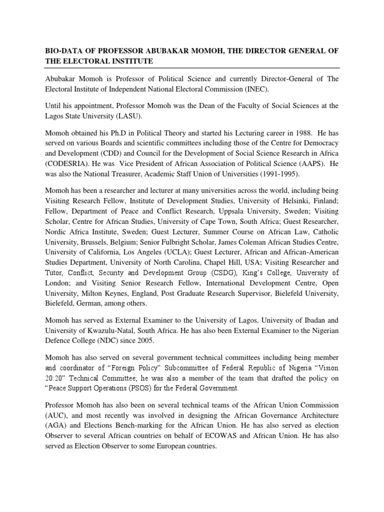 Bio-Data Prof - Abubakar Momoh | PDF | Social Science | Language Arts ...
