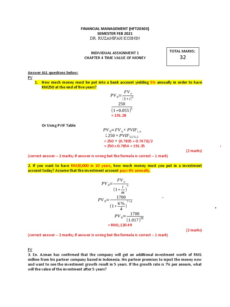 Individual Assignment 1 Chapter 4 Time Value of Money Answer Schema | PDF | Interest | Time ...