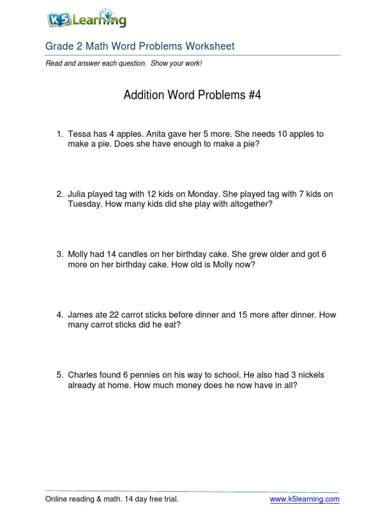 Addition Word Problems 4R | PDF