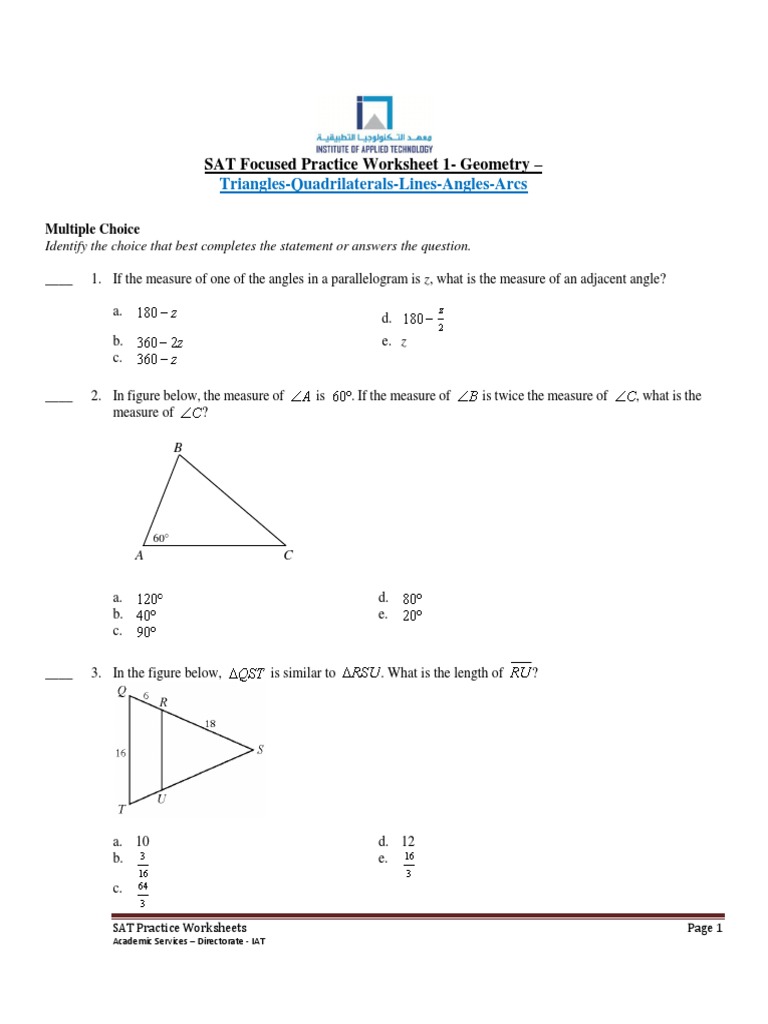 SAT Geometry Practice Worksheets | PDF | Triangle | Classical Geometry